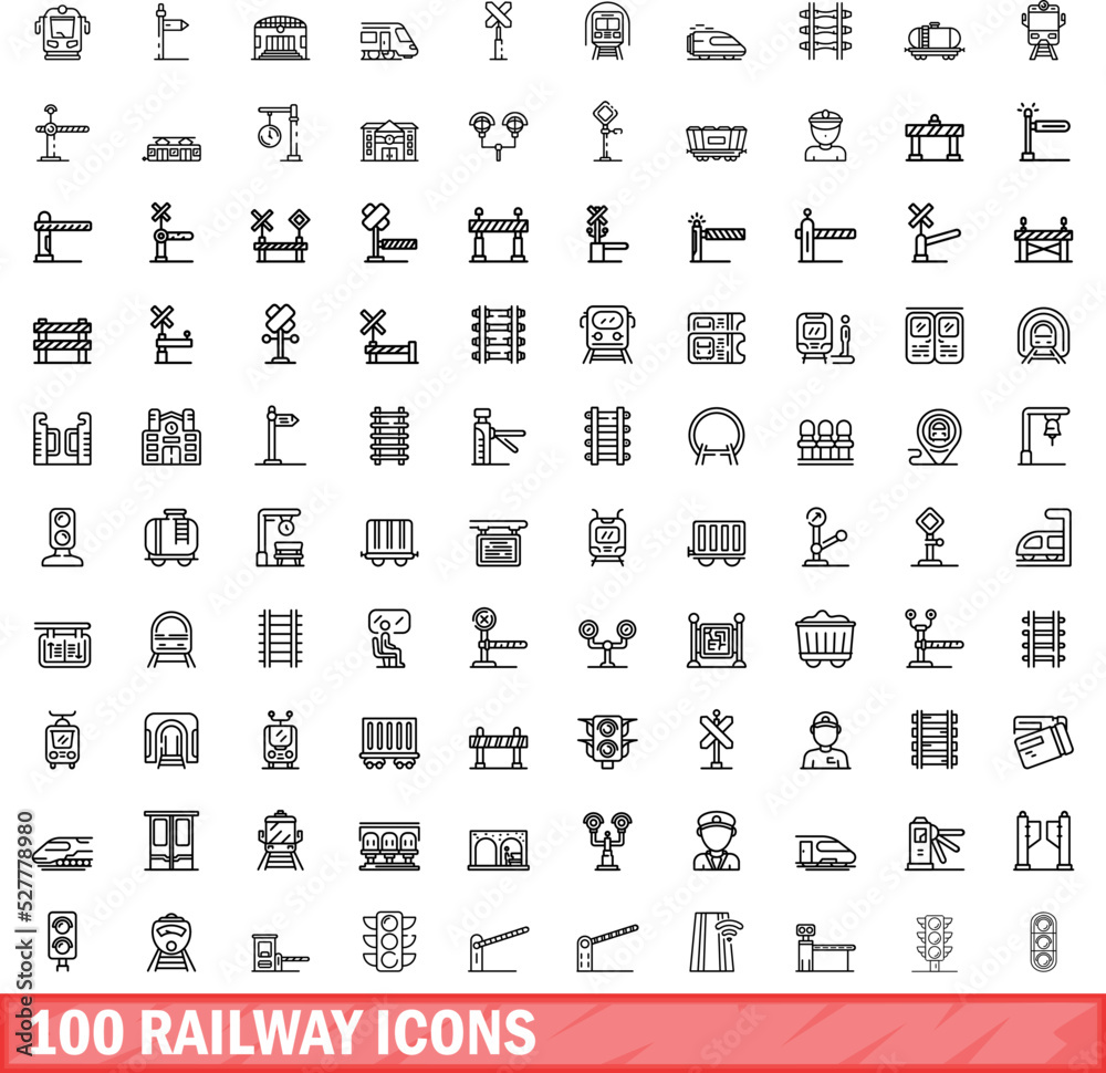 100 railway icons set. Outline illustration of 100 railway icons vector ...
