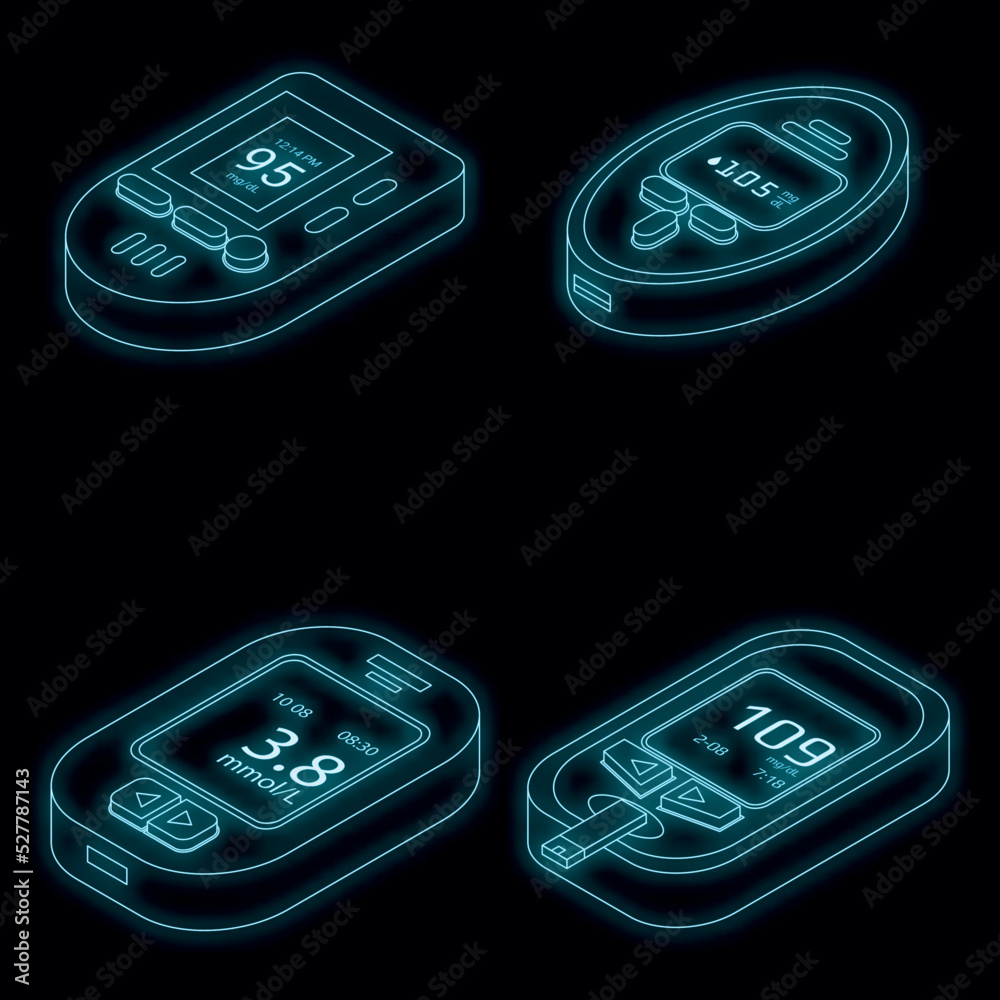 Glucose meter icons set. Isometric set of glucose meter vector icons ...