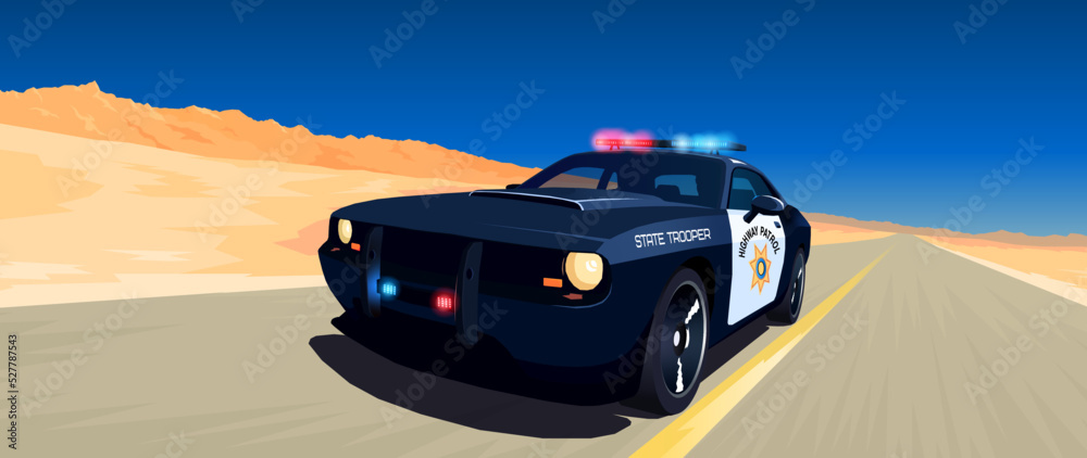 A police patrol car is pursuing. Rushing down the road with the ...