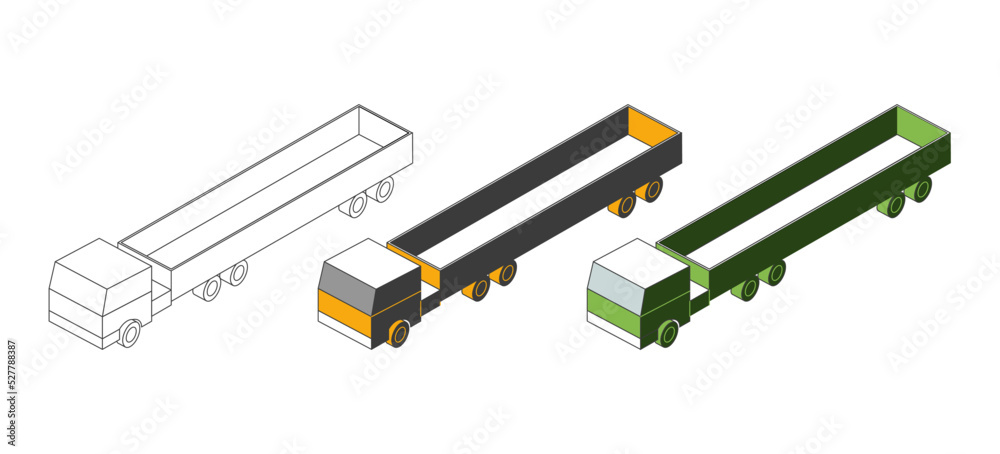 Vector drawing of a long truck in isometry with a trailer for logistics ...