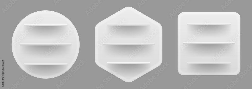 White shelf mockup set, empty shelves template for product display ...