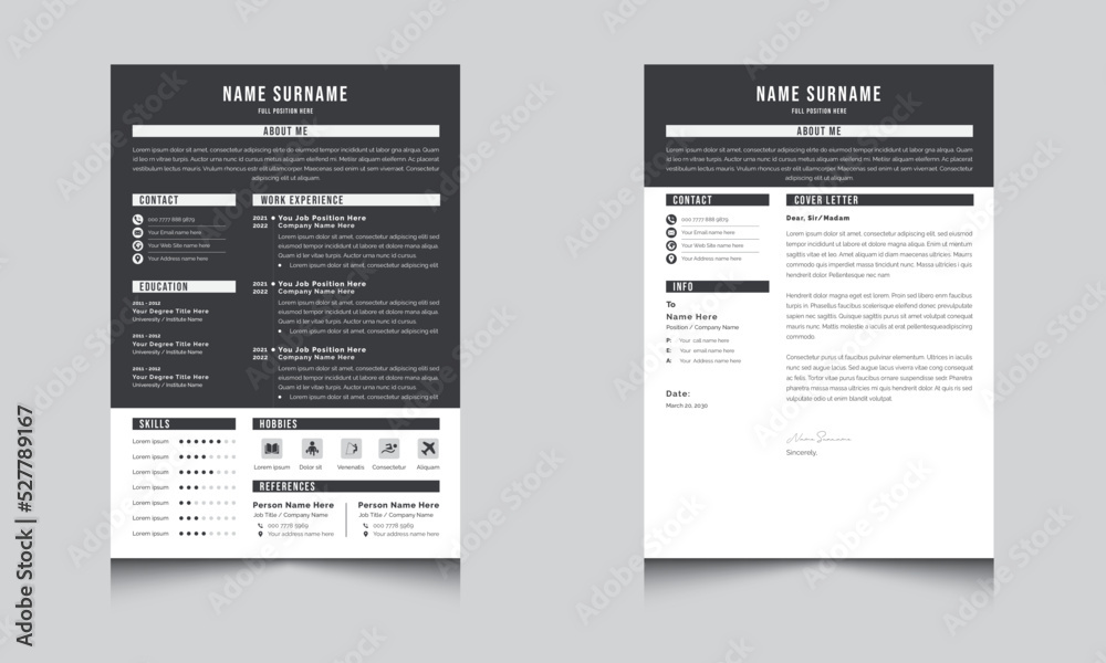 Minimal Resume Professional CV Template Layout Set Design Stock Vector ...