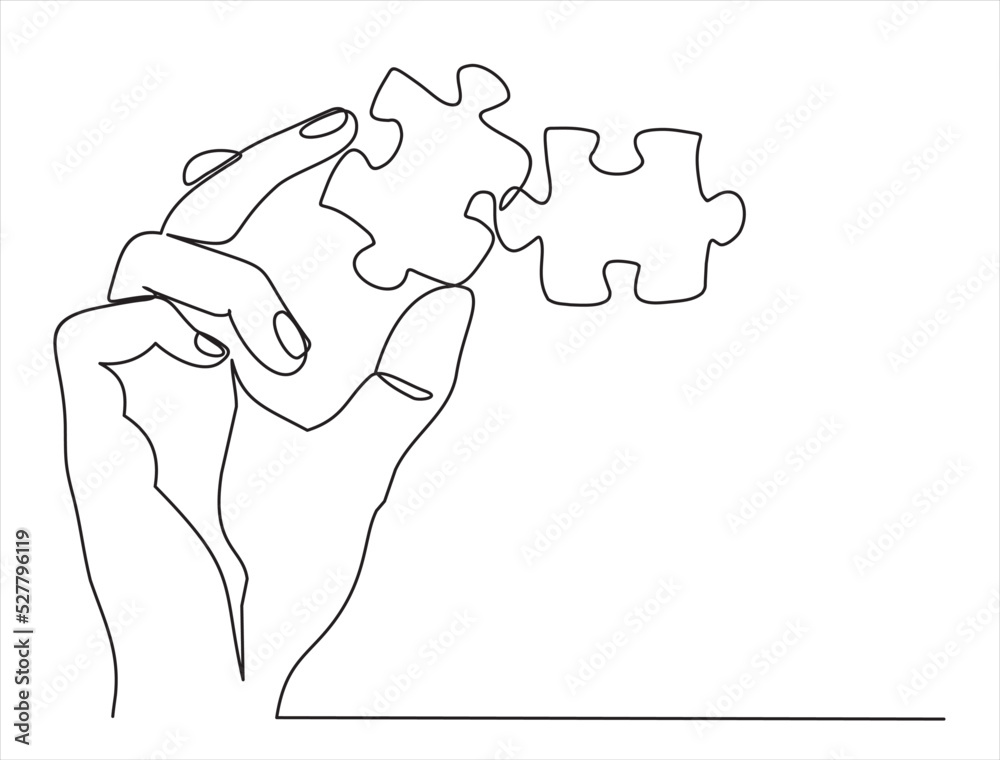 Continuous one line drawing of hand and puzzle. Business matching ...