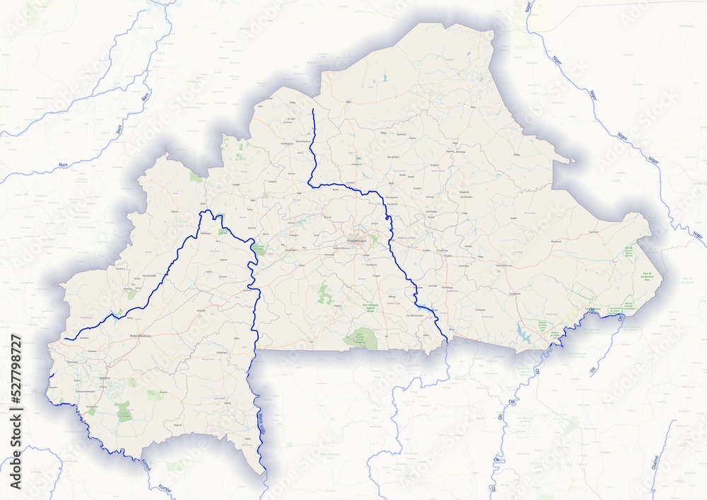 Burkina Faso physical map with important rivers the capital and big ...
