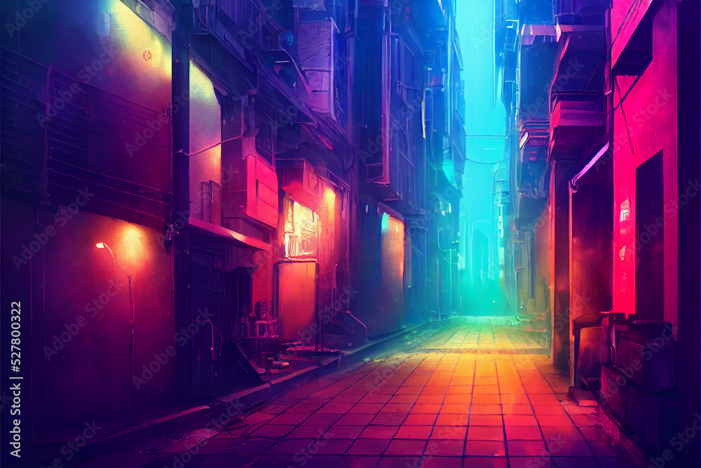 dystopian cyberpunk city narrow street, concept art, digital painting ...