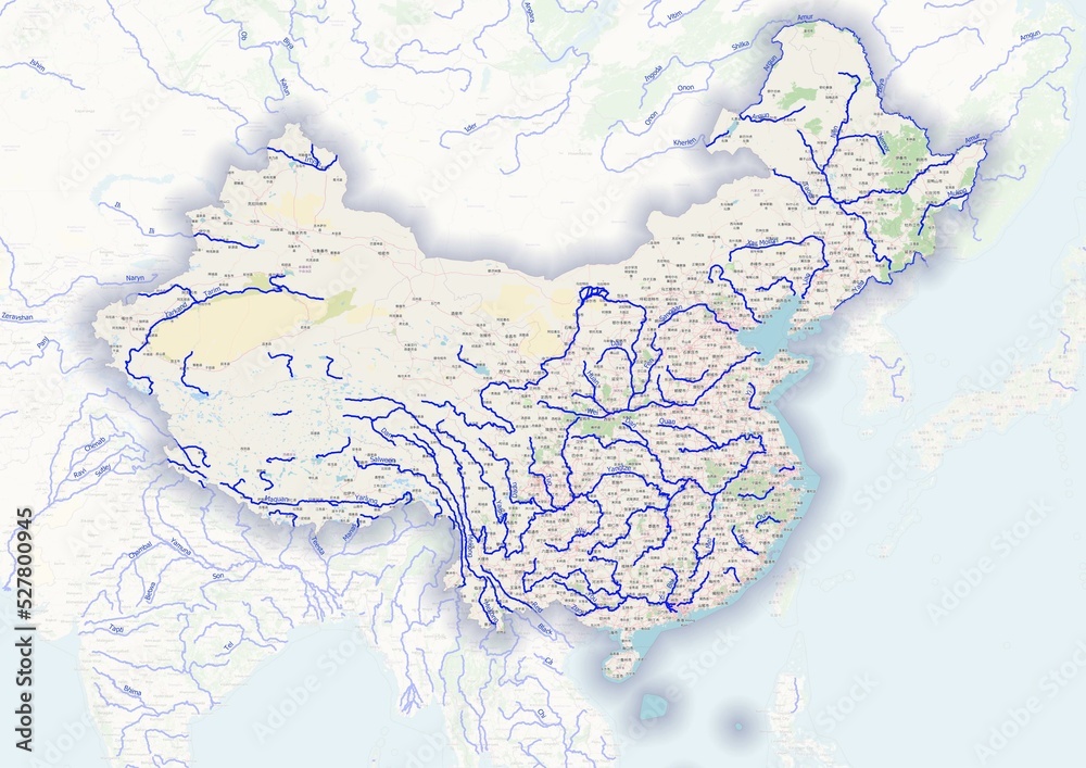 China physical map with important rivers the capital and big cities ...