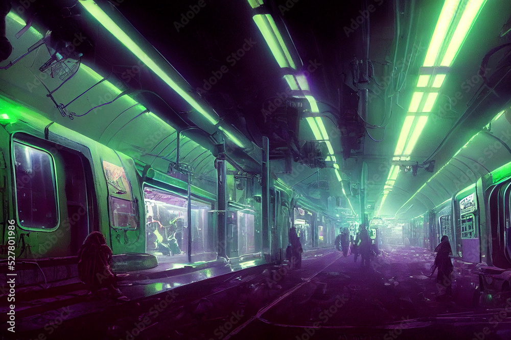 cyberpunk post apocalyptic subway scene, green and purple neon lights ...