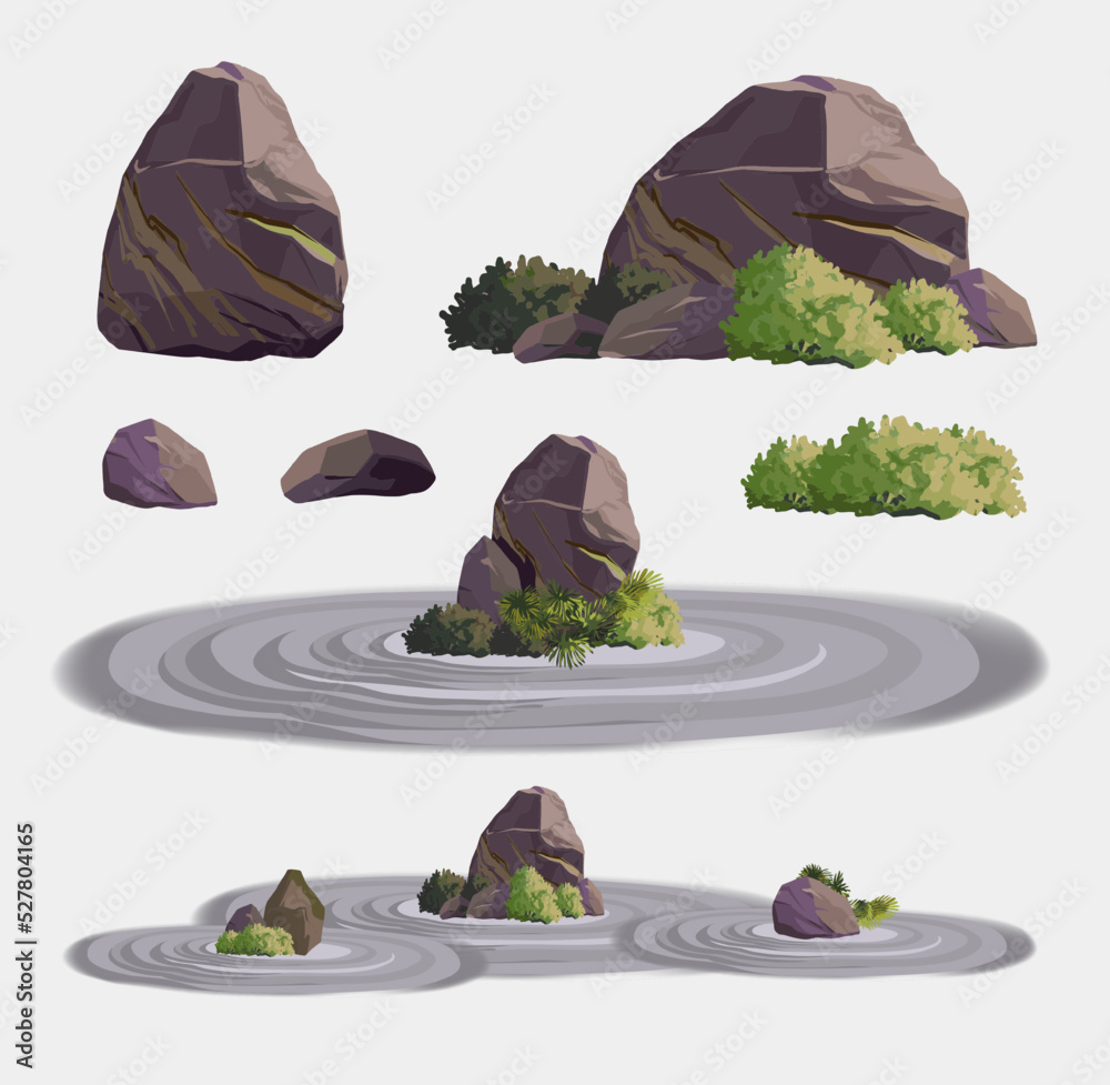 Ancient japan culture objects garden stones set. Collection with ...