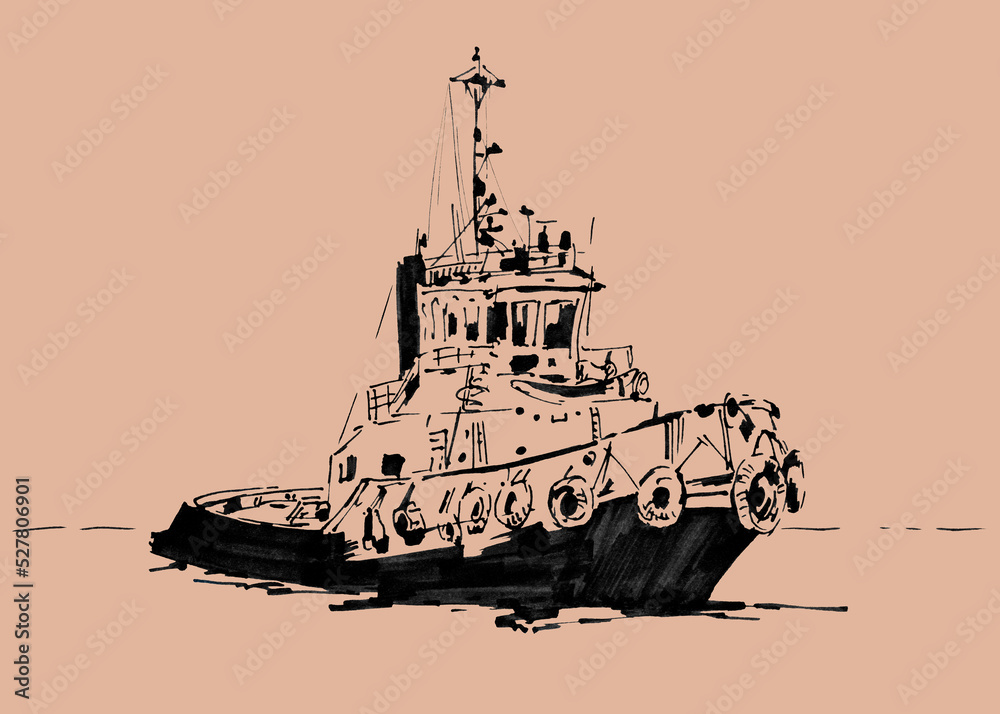black felt tip pen drawing on a kraft paper. "the tug boat on the water ...