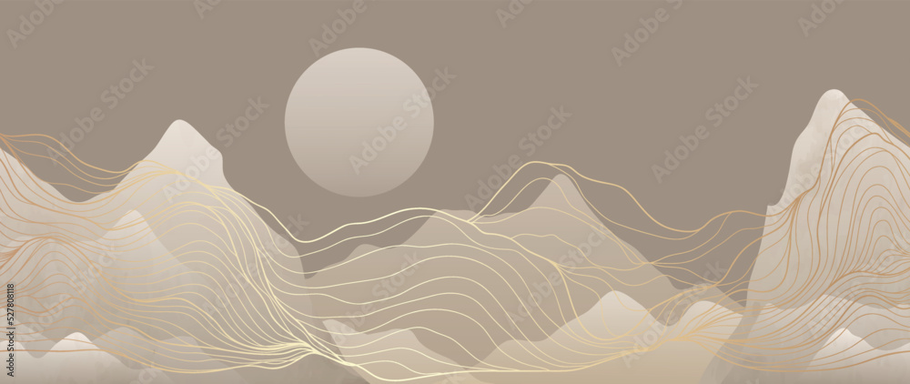 Luxury mountain golden line art background vector. Oriental watercolor ...