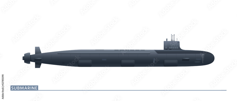 Nuclear attack submarine in a side view with retractable special ...