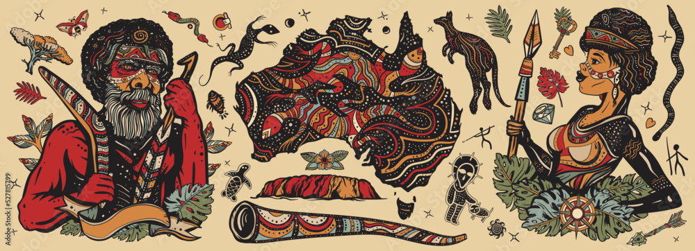 Old school tattoo collection. Australia. Ethnic Australian woman in ...