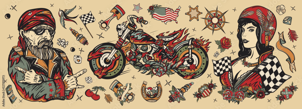 Old school tattoo collection. Bikers. Bearded biker man, burning ...