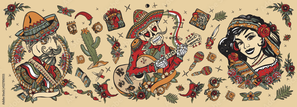 Old school tattoo collection. Mexico. Skeleton with guitar, mexican ...