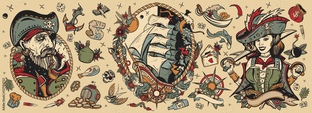 Old school tattoo collection. Pirates. Sea adventure. Traditional ...