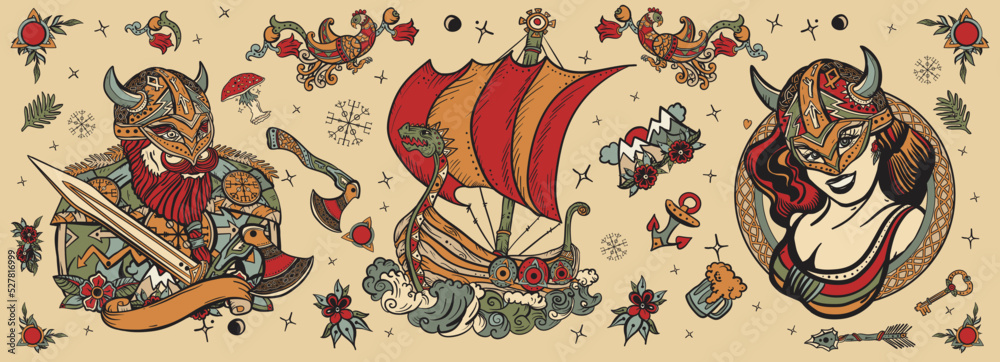 Vikings. Old school tattoo collection. Medieval barbarian, long boat ...