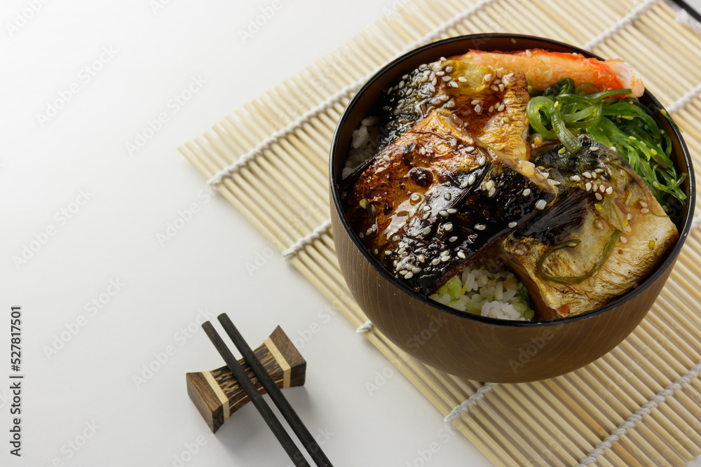 Saba Don. Grilled saba rice with teriyaki sauce and seaweed salad in ...