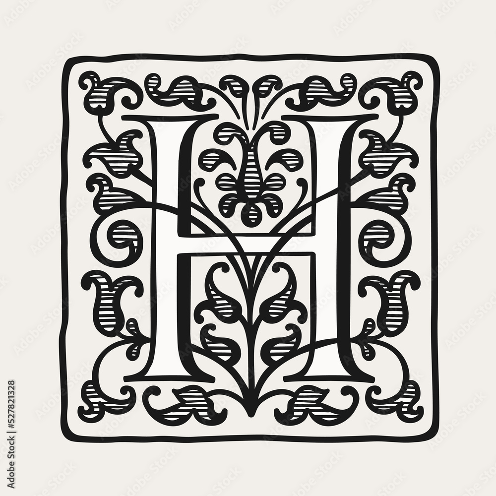 H letter logo in medieval gothic style. Engraving drop cap icon. Stock ...