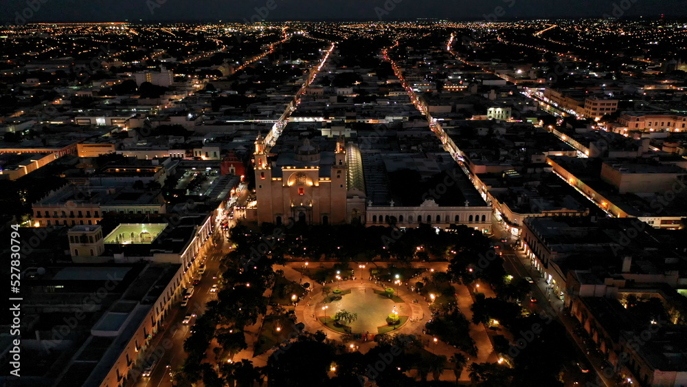 Aerial camera at night showing the Cathedral of Merida, Yucatan, Mexico ...