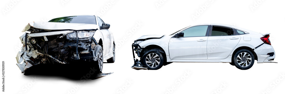 Front and side view of white car get damaged by accident on the road ...