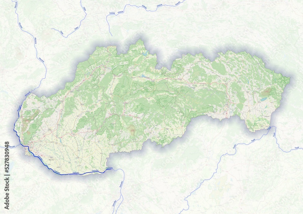 Slovakia physical map with important rivers the capital and big cities Stock Illustration ...