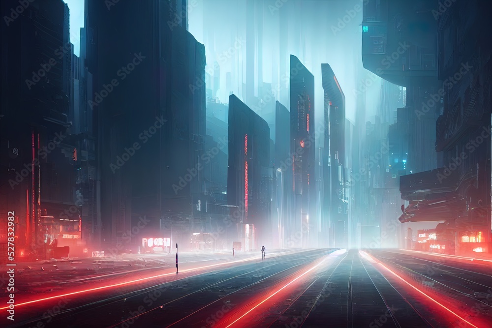 Asian, japanese cyberpunk futuristic city. Dark rainy day with sky ...