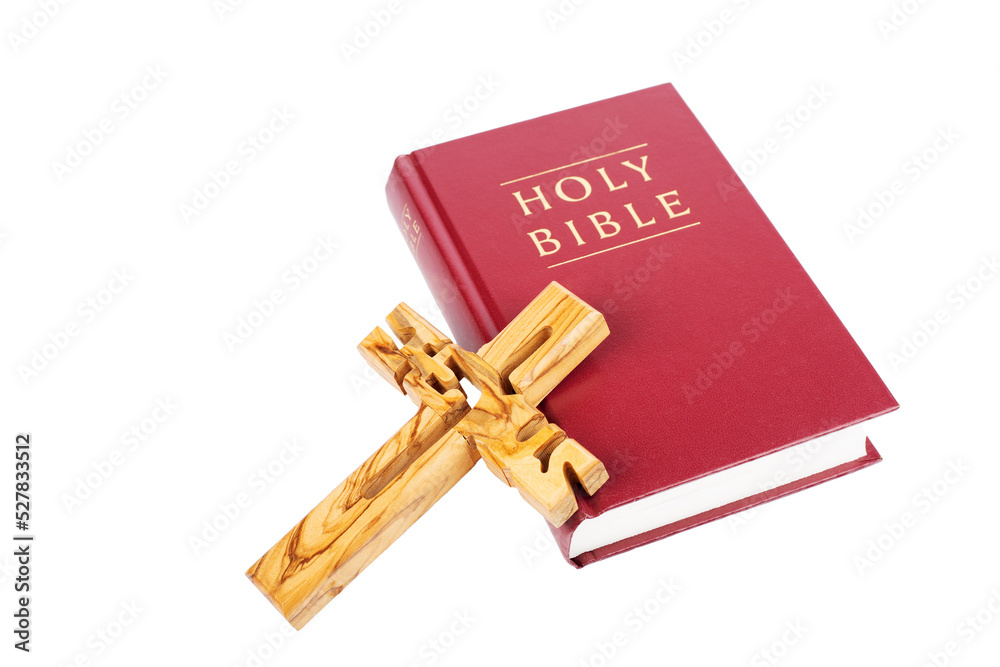 Bible with wooden cross isolated on white background. Stock Photo ...