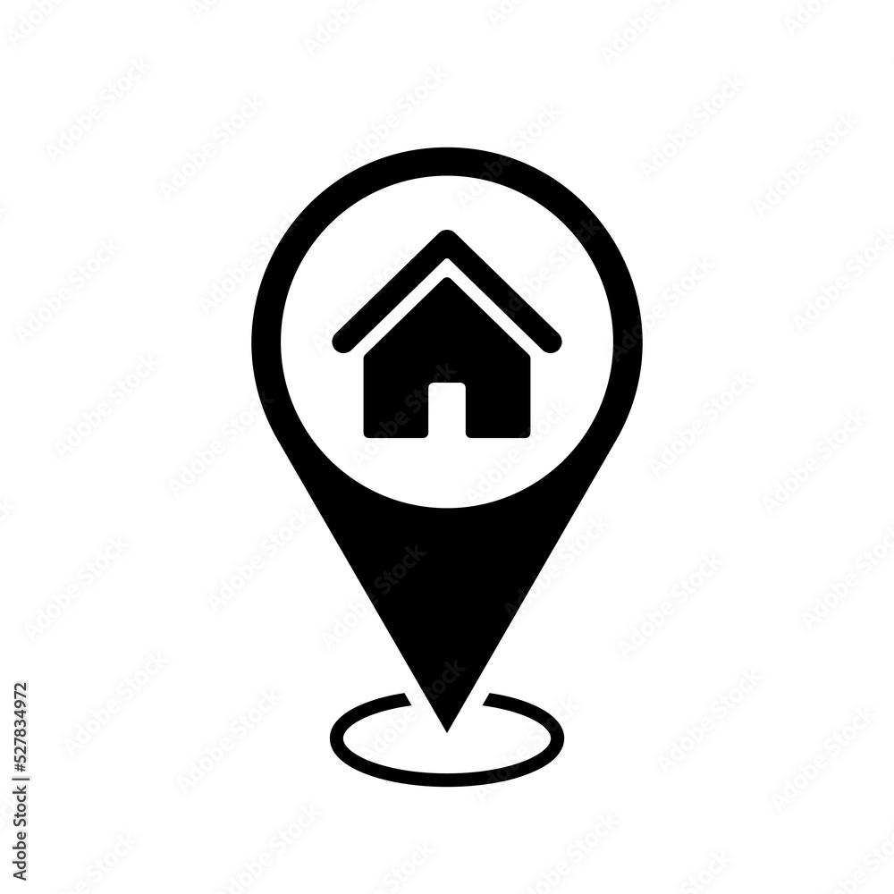 home location map pointer, house icon with location pin, black filled ...