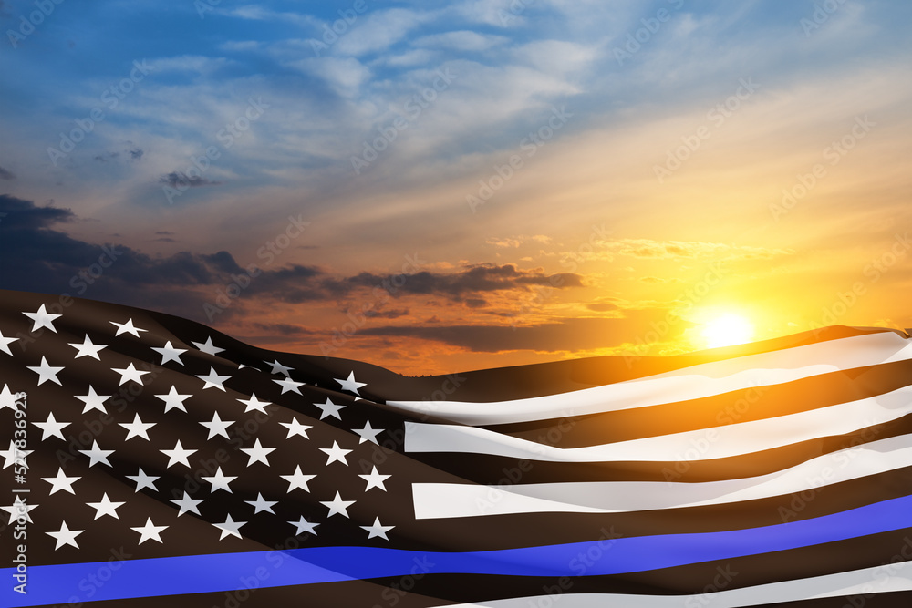 American flag with police support symbol Thin blue line on sunset sky ...