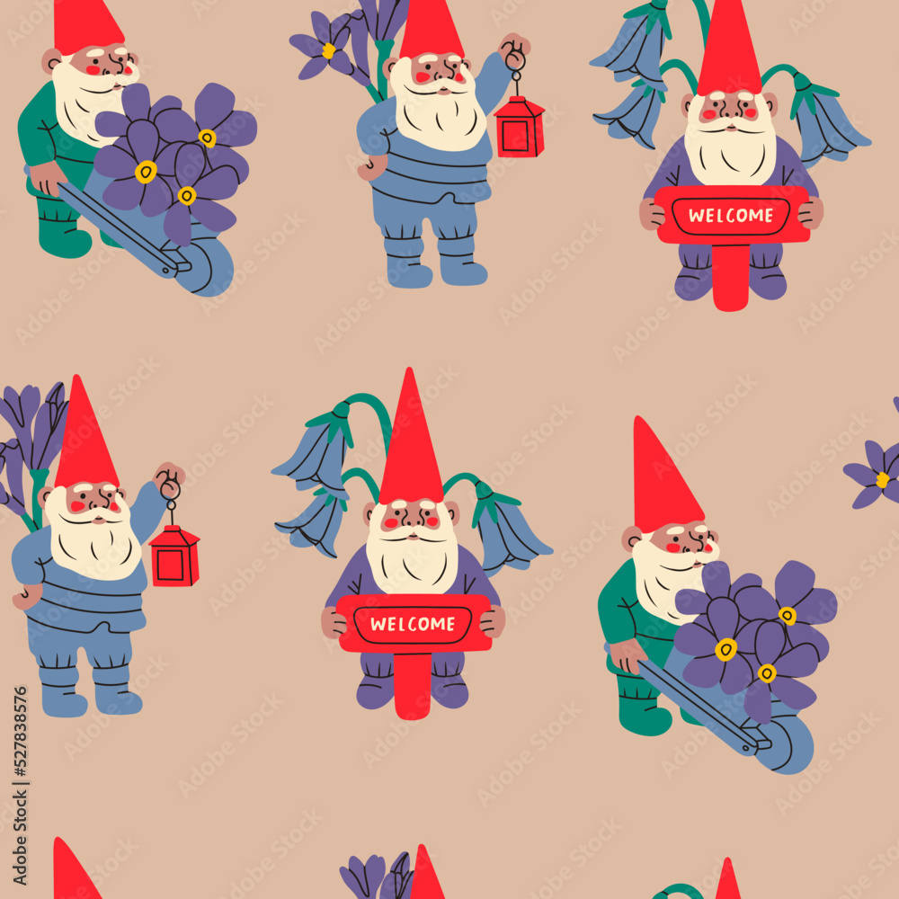 Set of Garden gnomes. Hand drawn modern Vector illustration. Poster ...