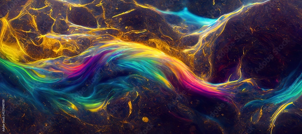 Spectacular abstract image of rainbow, iridescent liquid ink churning ...