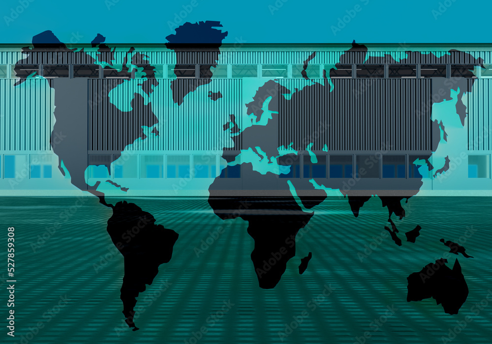 International Manufacturing Company. World map in front of factory ...