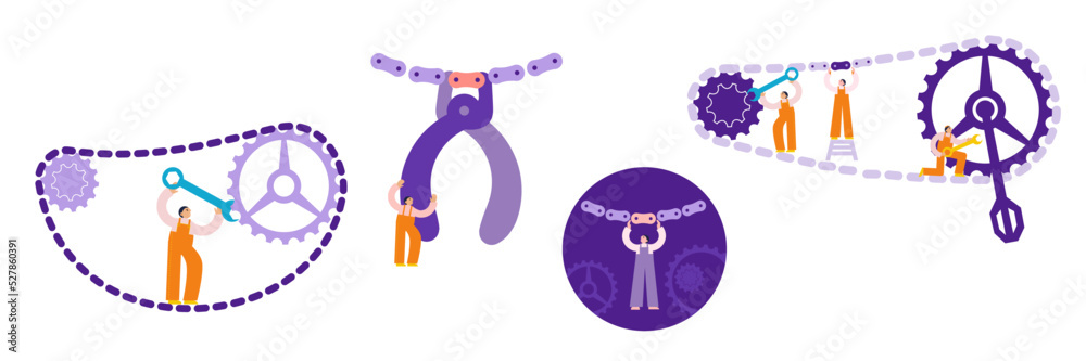 Stockvector Bicycle service workers fix bicycle and bike details set ...