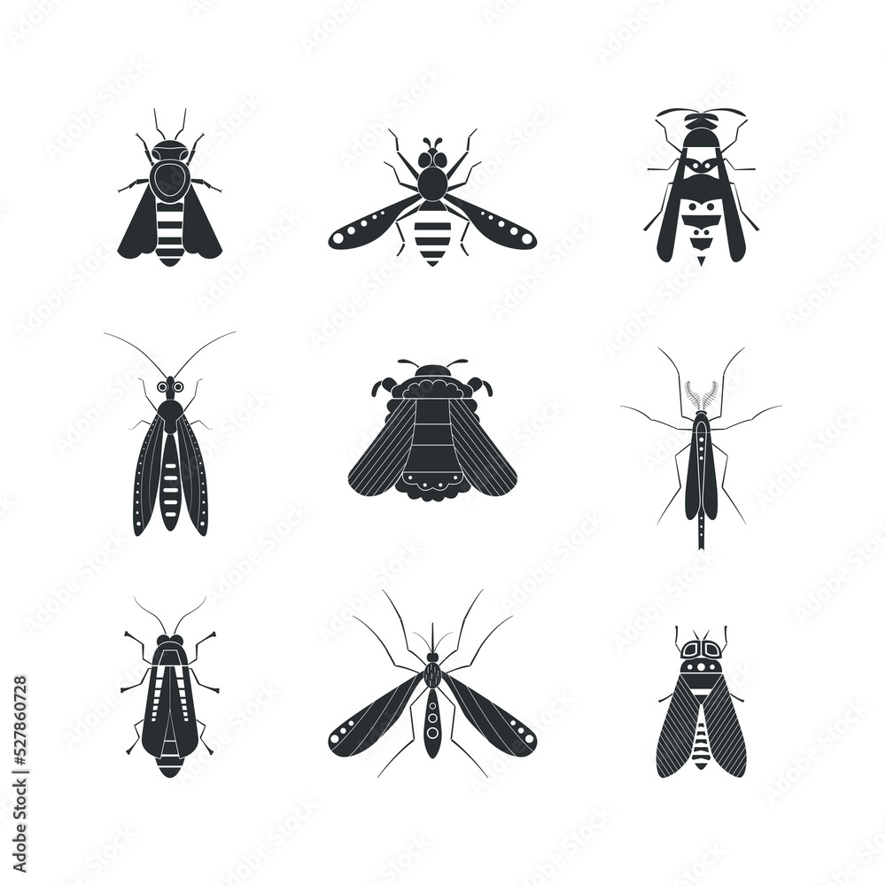 Geometric silhouette insect flat vector illustrations set. Wasp ...