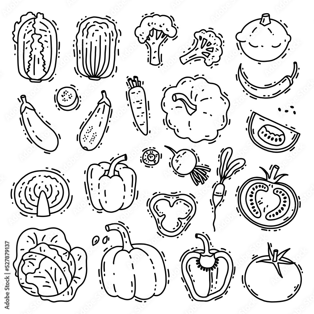 Vegetables doodle drawing collection. Whole and cut vegetables: white ...