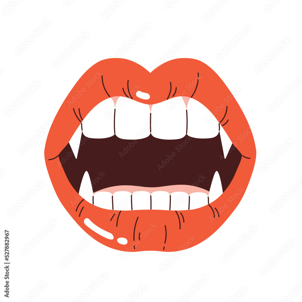 Vampire lips with fangs. A woman's mouth with bright red lips and long ...