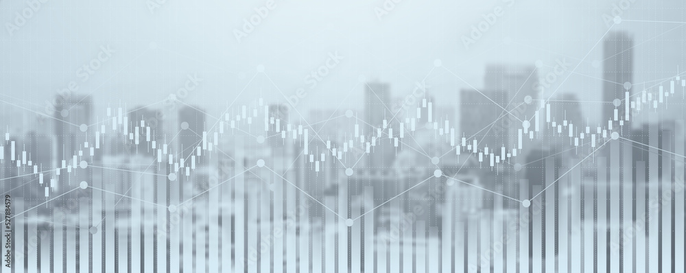 financial chart with line graph in stock market on cityscape background ...
