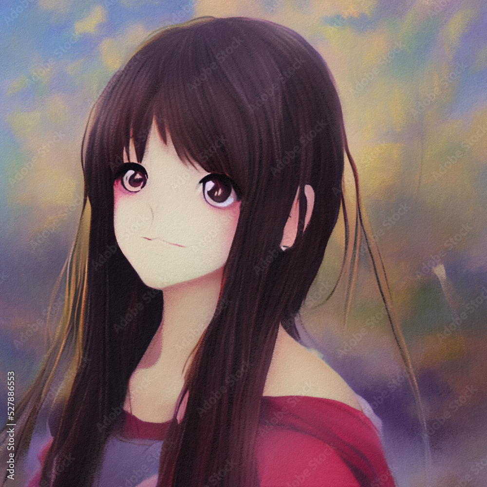 Pretty anime girl portrait. Beautiful woman oil painting print. Fantasy ...