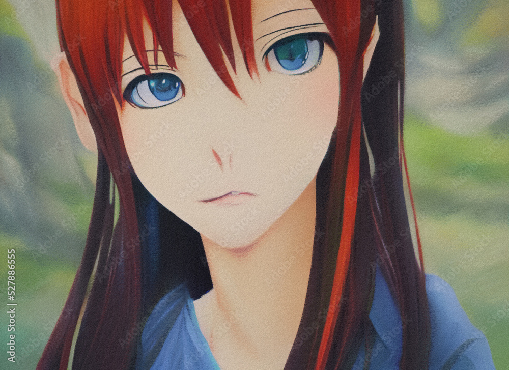 Pretty anime girl portrait. Beautiful woman oil painting print. Fantasy ...