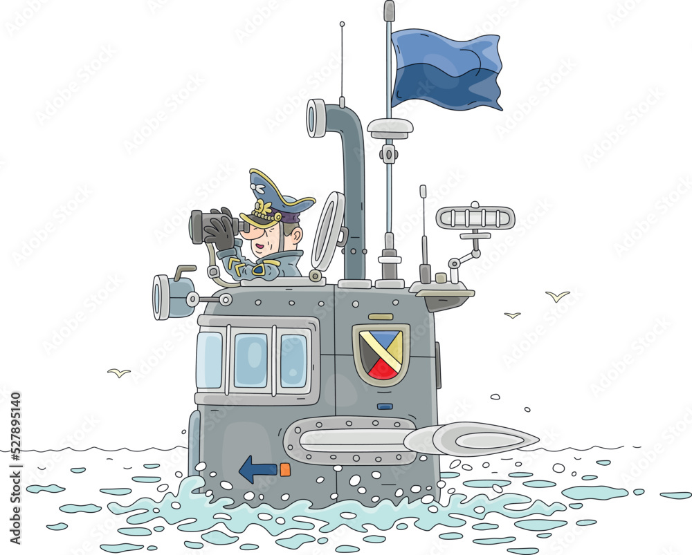 Navy captain observing a sea horizon through binoculars on a cabin of ...