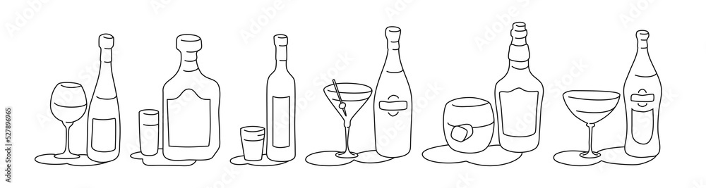 Wine rum vodka martini whiskey vermouth bottle and glass outline icon ...