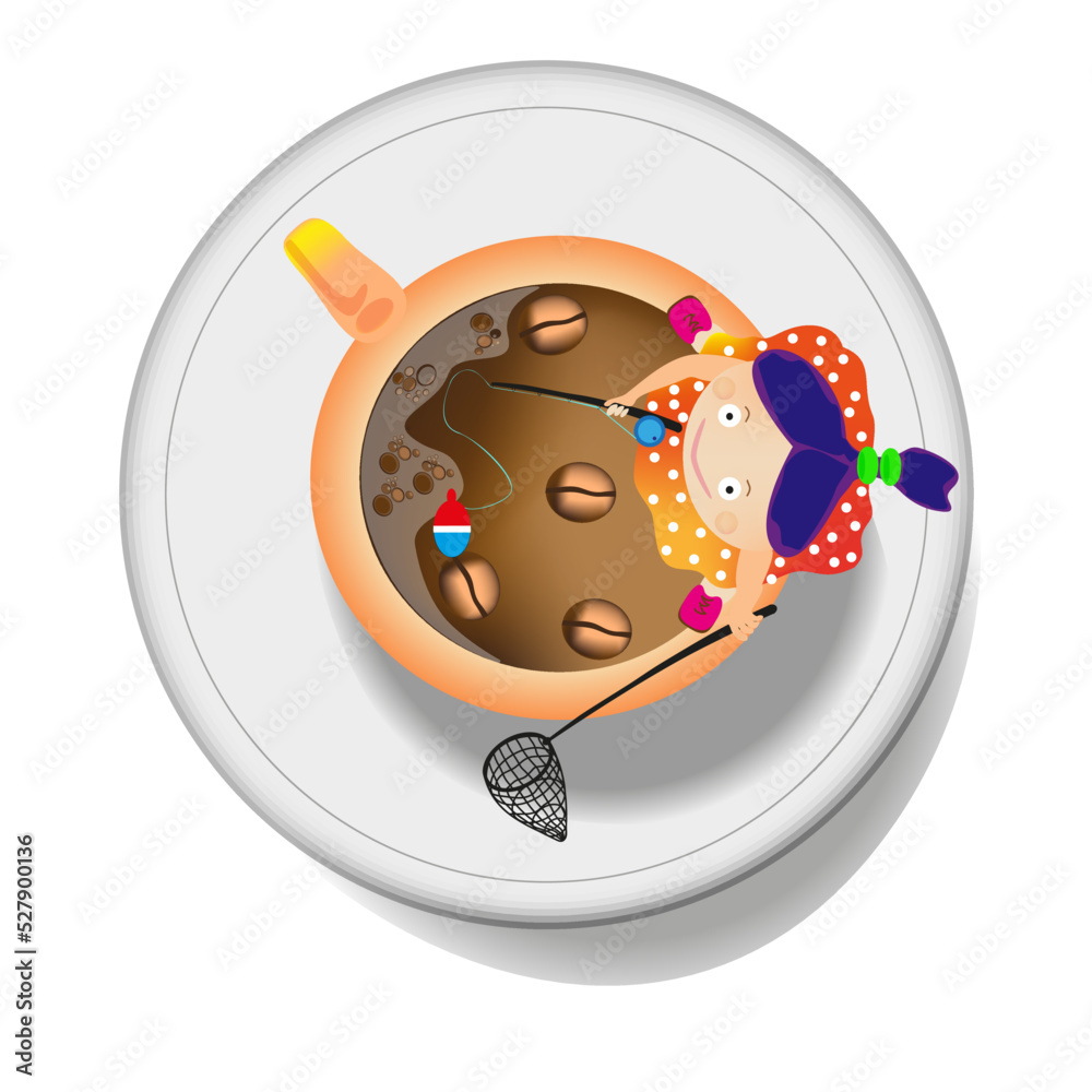 Little girl is fishing on a cup of coffee, top view. Isolated vector on ...