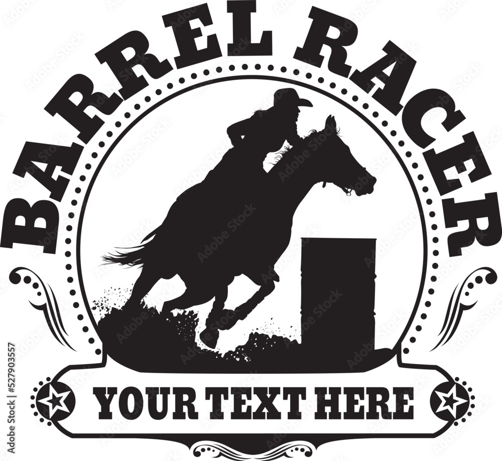 A rodeo logo with western design elements and a silhouette cowgirl ...