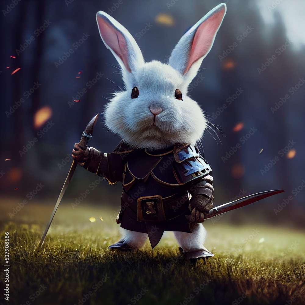 cute funny rabbit in knight armor with sword medieval knight Stock ...