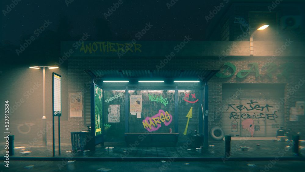 3D illustration of bus stop concept art, dirty street in night time ...