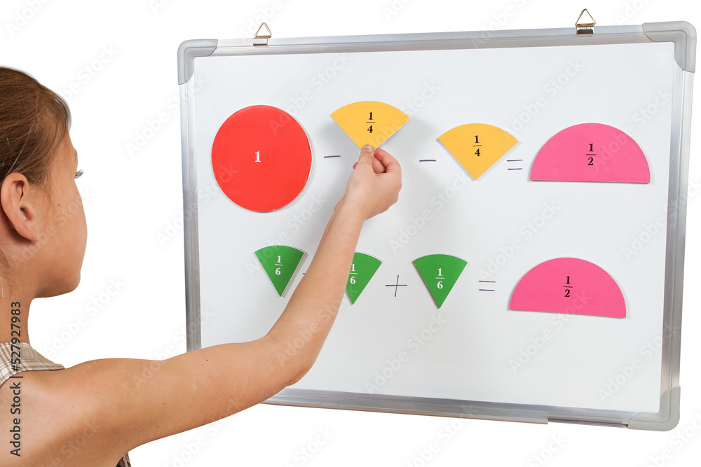 Little preschooler girl on magnetic interactive white borad is studying ...