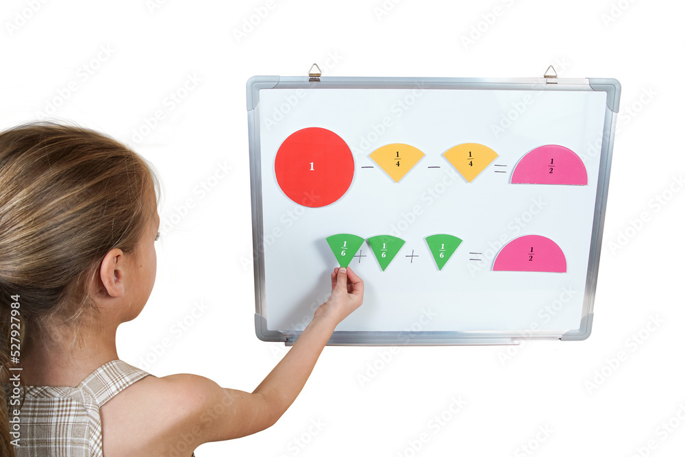 Little preschooler girl on magnetic interactive white borad is studying ...