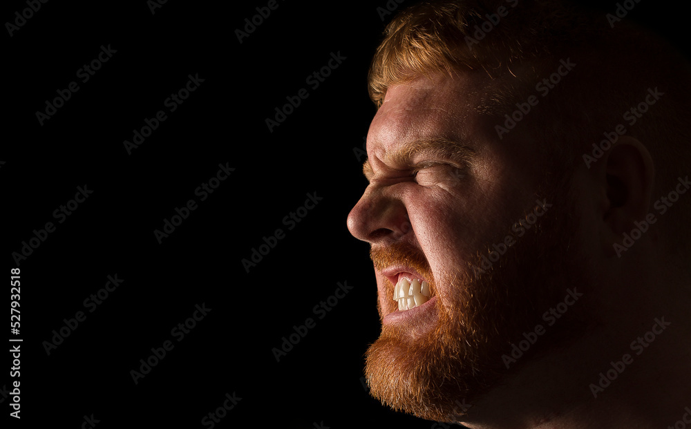 Adult Caucasian male side head shot, showing teeth with an angry ...