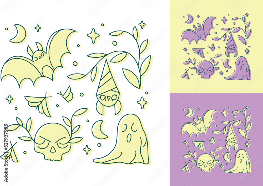 Vetor de Cute Line Art Black Magic Elements Collection. Cute Evil Magic Vector Illustration Set ...