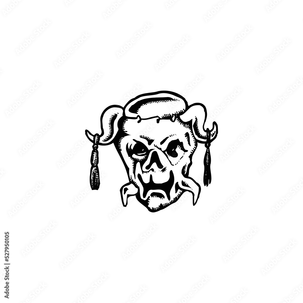 Sketch of a horned human head on a black and white background for a ...